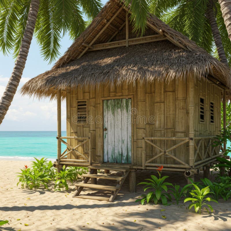 Bamboo Beach Hut Under Palm Trees Stock Illustration - Illustration of ...