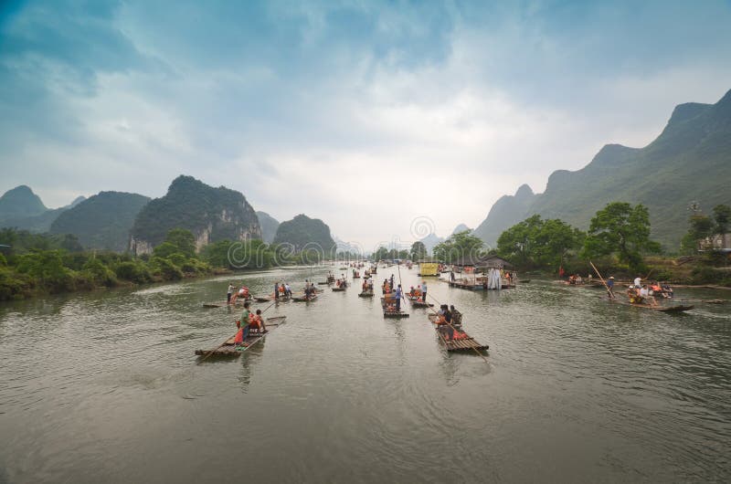 Bamboo Rafting in Yangshuo Li River Stock Photo - Image of boat, pier ...