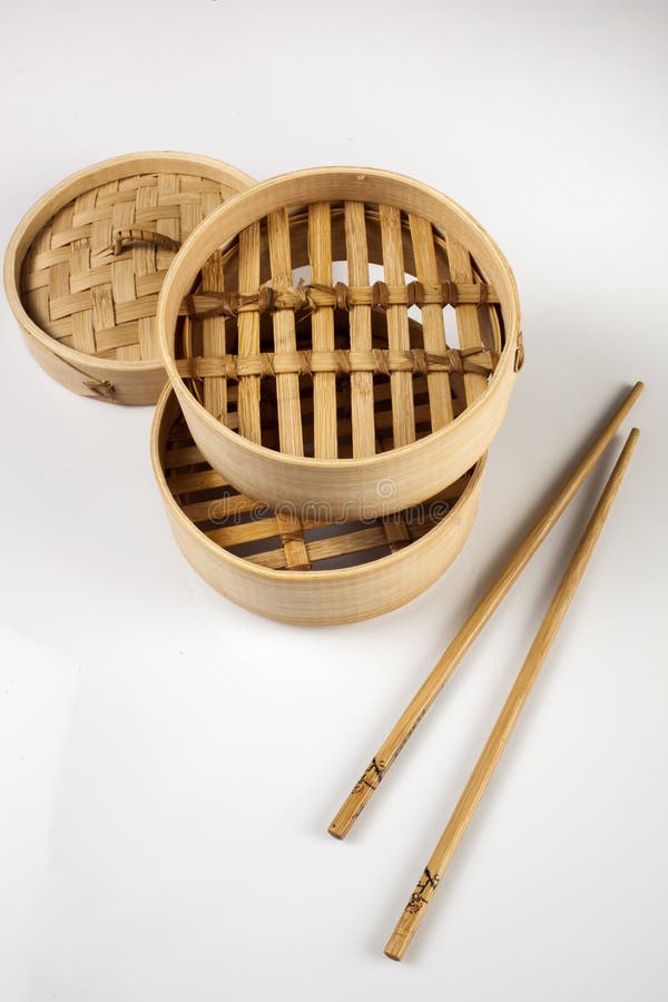 Bamboo Box Dim Sum and Bamboo Sticks Isolated on White Stock Photo ...