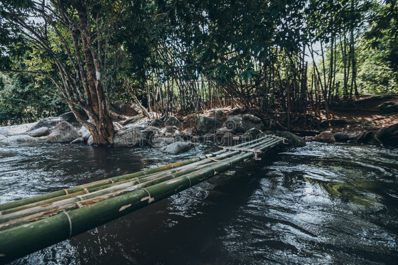 Bamboo Bridge Cross the Water in Waterfall. Nature and Relax Time ...
