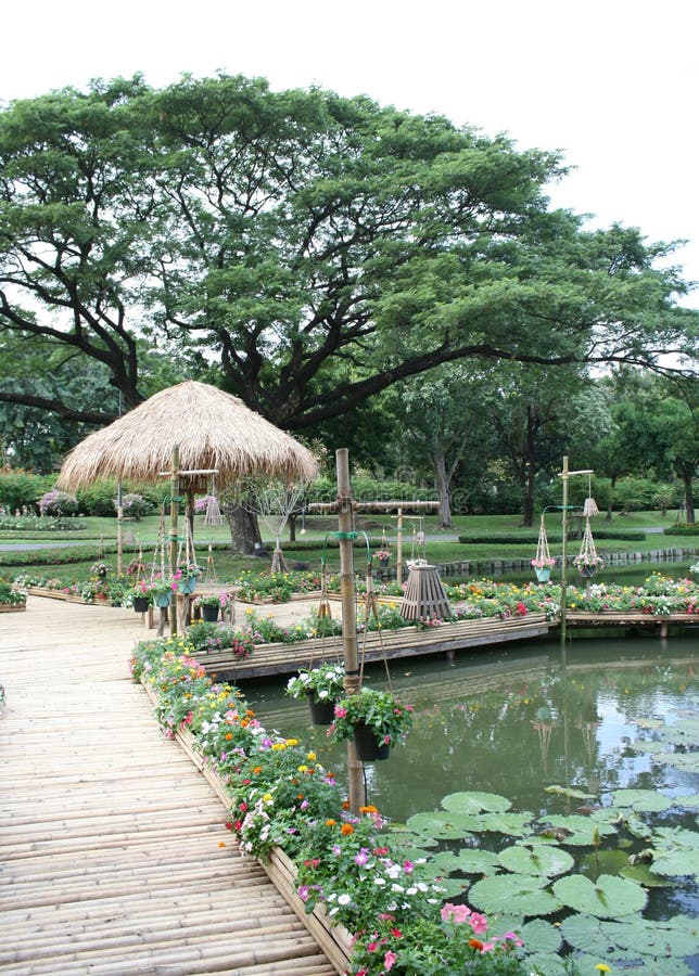 Bamboo bridge with flower stock image. Image of grass - 47554845
