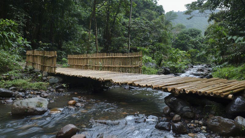 Bamboo Bridge Leading through a Lush Forest Stock Illustration ...