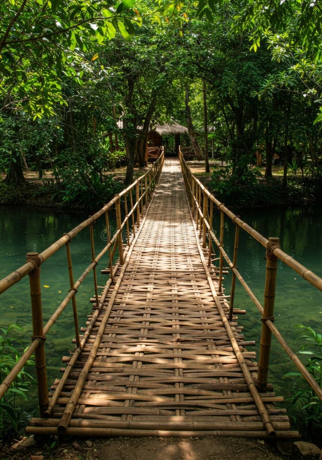 Bamboo Bridge Over Tropical River Stock Illustration - Illustration of ...