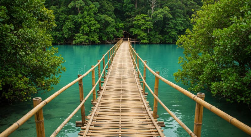 Bamboo Bridge Over Turquoise Water in Lush Tropical Forest Stock ...