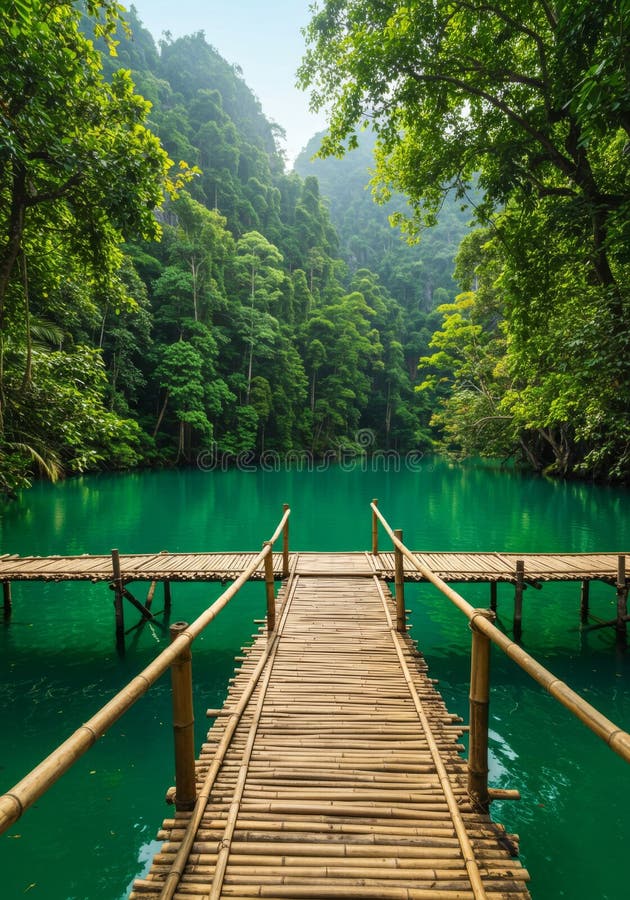 Bamboo Bridge Over Vibrant Green Tropical Lake Stock Photo - Image of ...