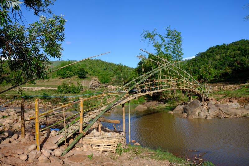 Bamboo Pedestrian Suspension Bridge Over River Stock Photo - Image of ...