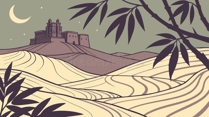 Bamboo and Castle Ruins Under Crescent Moon, Mystical History, Vector ...