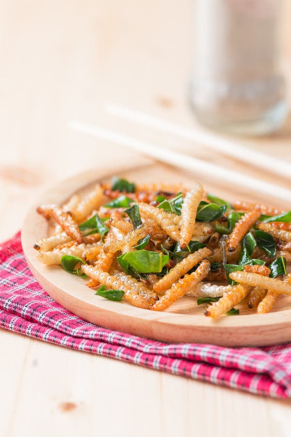 Bamboo Caterpillar Fried on Wood Dish Stock Photo - Image of lunch ...