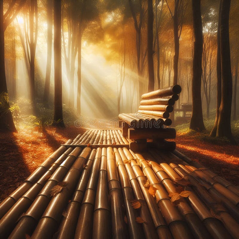 Bamboo Chair in Sunlit Forest, Generative AI. Stock Illustration ...