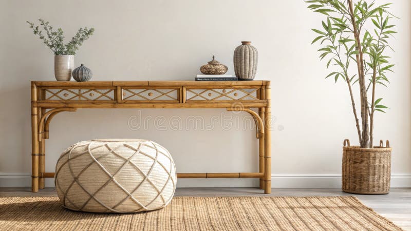 Bamboo Console Table with Woven Pouf and Decor, Interior Design, Home ...