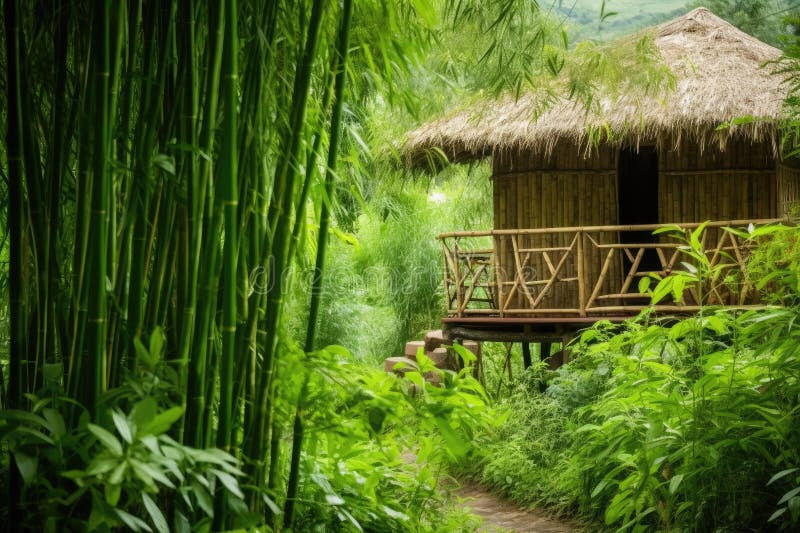 Bamboo Cottage Blending into Thick Greenery Stock Photo - Image of ...