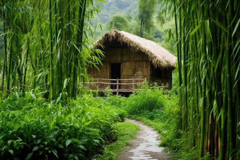 Bamboo Cottage Blending into Thick Greenery Stock Photo - Image of ...