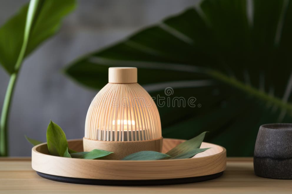Bamboo Diffuser on a Wooden Tray with Palm Leaf Stock Photo - Image of ...