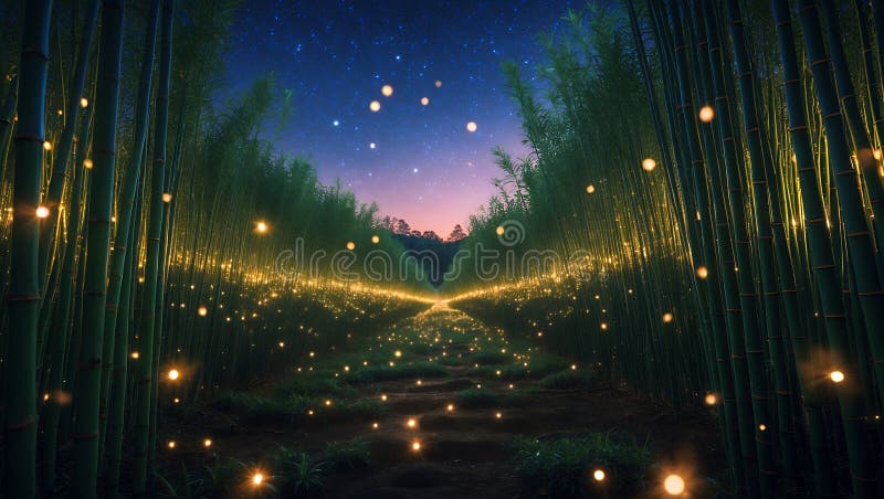 Magical Firefly Path in Bamboo Forest at Night Stock Illustration ...