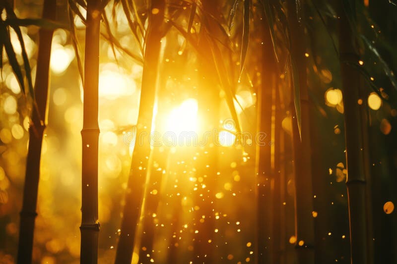 Bamboo Forest Glowing in Golden Sunlight at Sunset, Creating a Magical ...