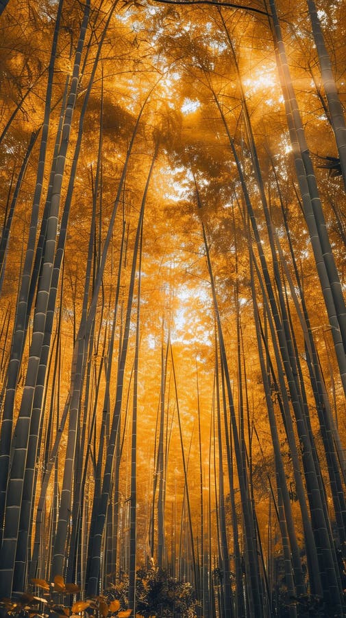 Bamboo Forest with Golden Sunlight Filtering through Tall Trees, Serene ...
