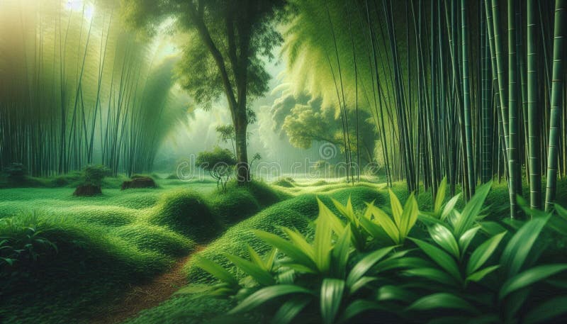 Bamboo Forest and Green Field with Natural Light in Blurred Stock ...