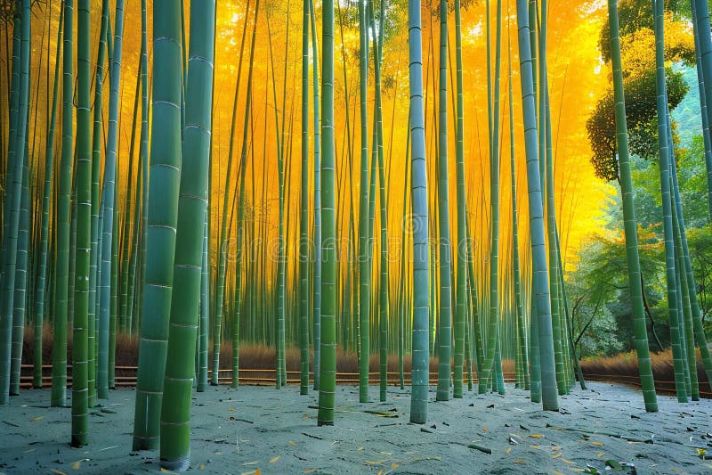 A Bamboo Forest with Green and Yellow Vertical Textures, Wide Shot ...