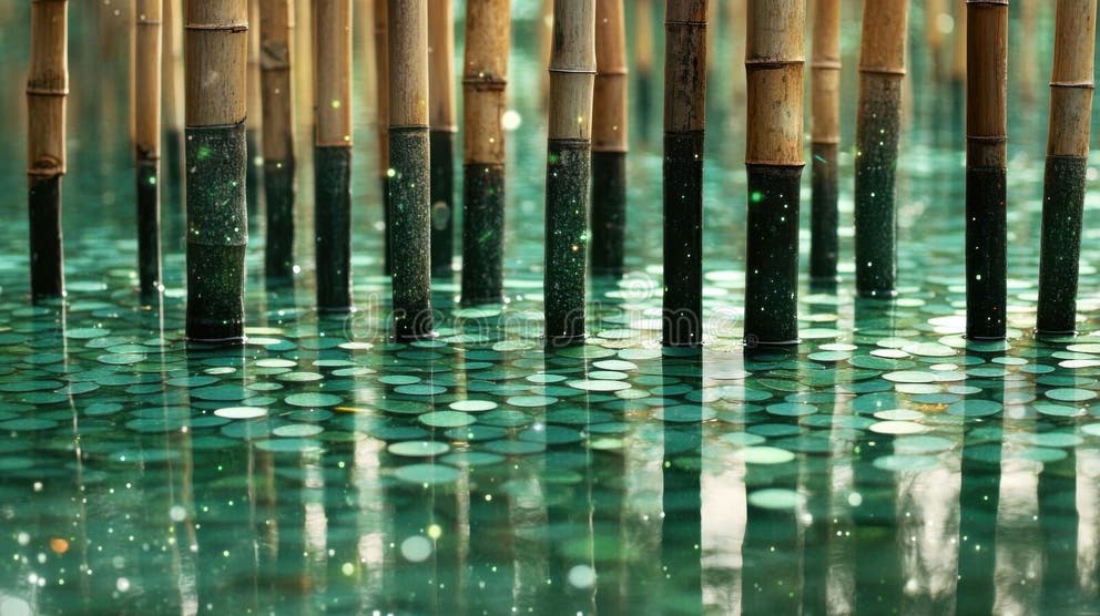 Bamboo Forest Grows Above Water with Lily Pad Theme, Nature Reflection Stock Illustration ...