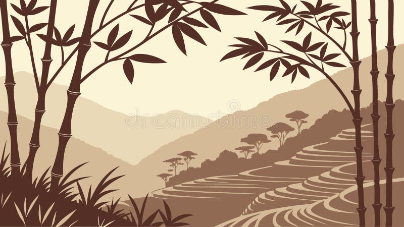 Bamboo Forest in Hazy Mountains with Flowing Lines, Vector Design ...