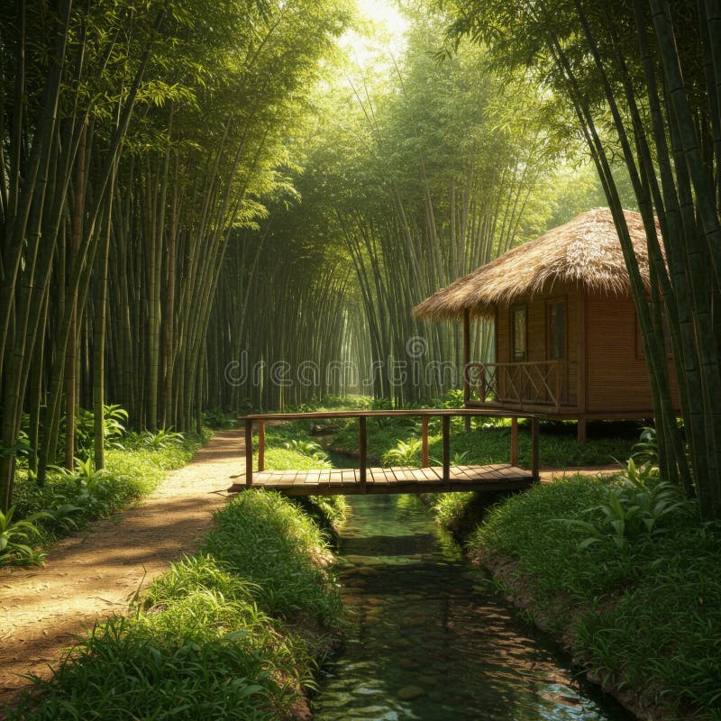 Bamboo Forest Hut with Wooden Bridge and Stream Stock Illustration ...