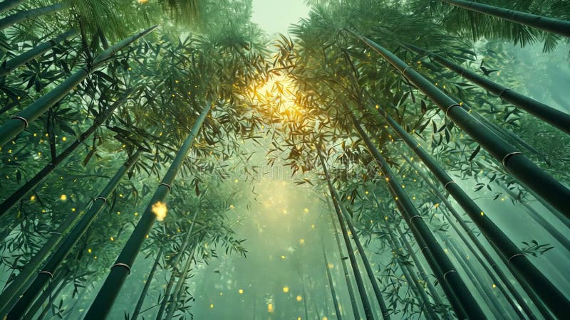 Bamboo Forest Illuminated by Glowing Particles during Sunset in an ...
