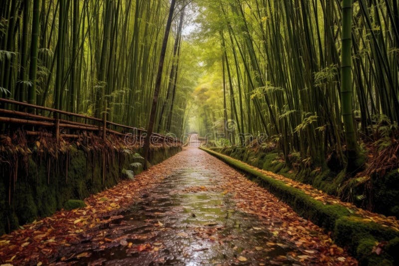 Bamboo Forest Path with Fallen Leaves Stock Illustration - Illustration ...