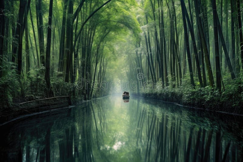 Bamboo Forest Reflecting in Calm River Stock Illustration ...
