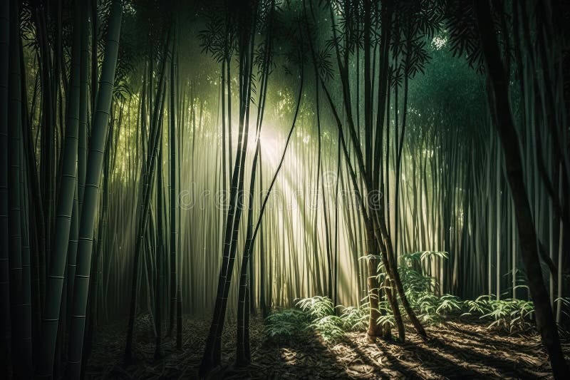 Bamboo Forest with Sunlight Streaming through the Trees, Illuminating ...