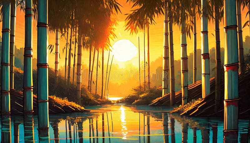 Bamboo forest with sunset stock illustration. Illustration of night ...