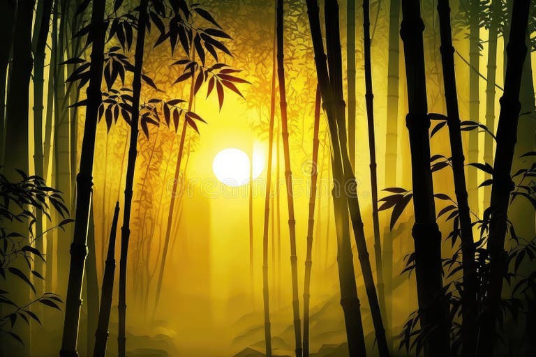 Bamboo Forest at Sunset, with the Setting Sun Casting a Warm Glow Over ...