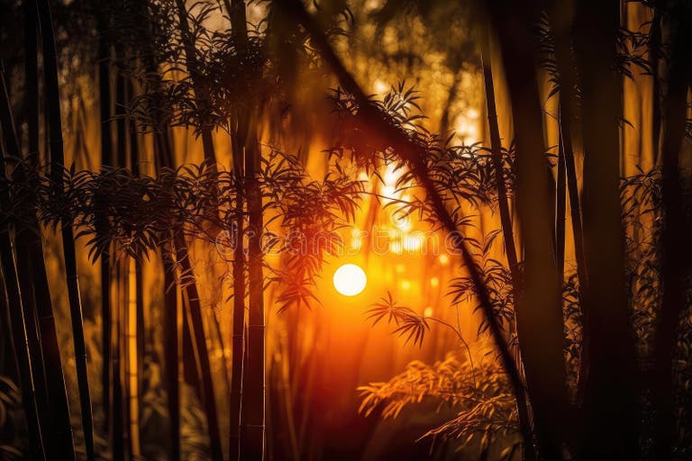 Bamboo Forest at Sunset, with the Setting Sun Casting a Warm Glow Over ...