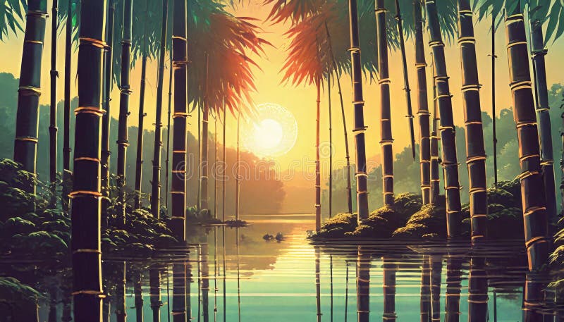 Bamboo forest with sunset stock illustration. Illustration of evening ...