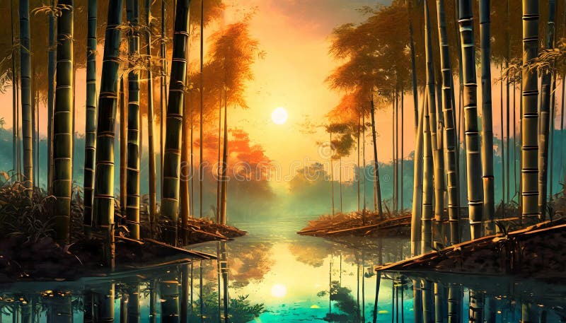 Bamboo forest with sunset stock illustration. Illustration of yellow ...