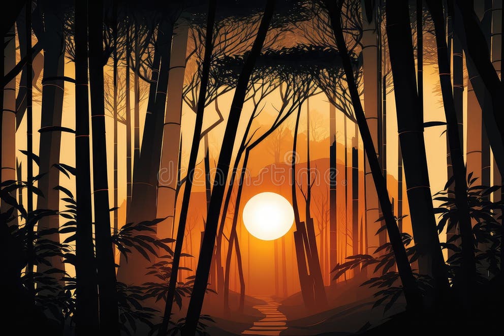 Bamboo Forest at Sunset, with the Sun Setting Behind the Trees Stock ...