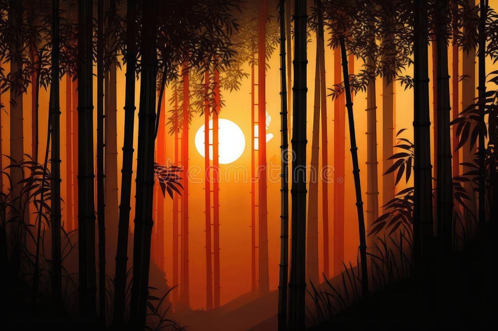 Bamboo Forest at Sunset, with the Sun Setting Behind the Trees Stock ...