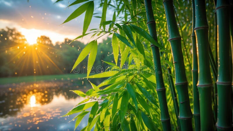 Serene Sunset Bamboo Forest by the Lake Stock Illustration ...