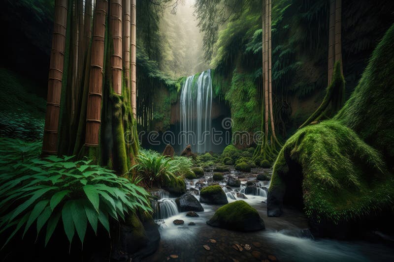 Bamboo Forest with Towering Redwoods and a Waterfall in the Background ...