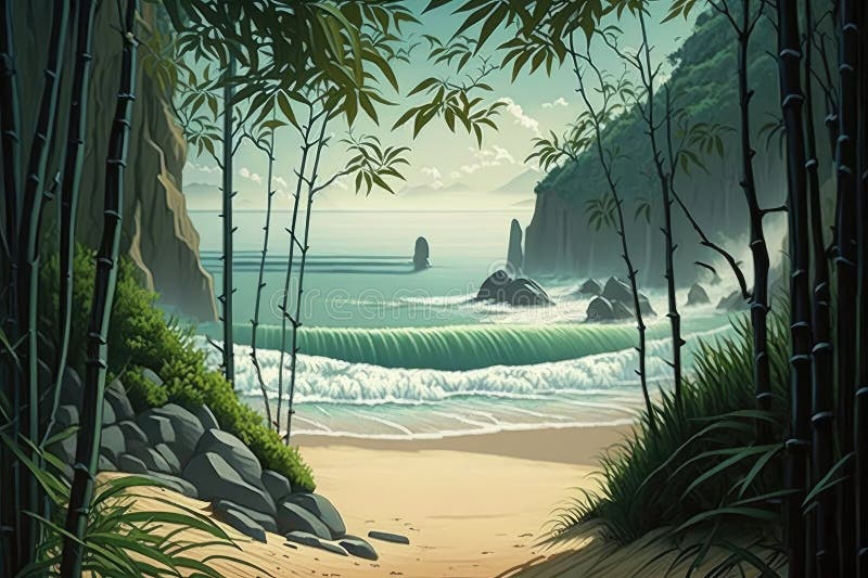 Bamboo Forest with View of the Coast, Waves Rolling Onto Sandy Beach ...