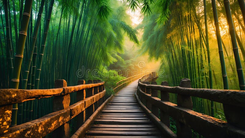 Serene Wooden Bridge Pathway through Lush Bamboo Forest at Sunrise Stock Illustration ...