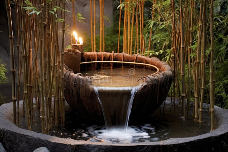 Bamboo Fountain with Water Dripping into a Stone Basin Stock ...