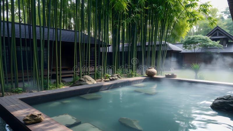 Bamboo Garden with Hot Spring Pool in Japanese Style. Stock Photo ...