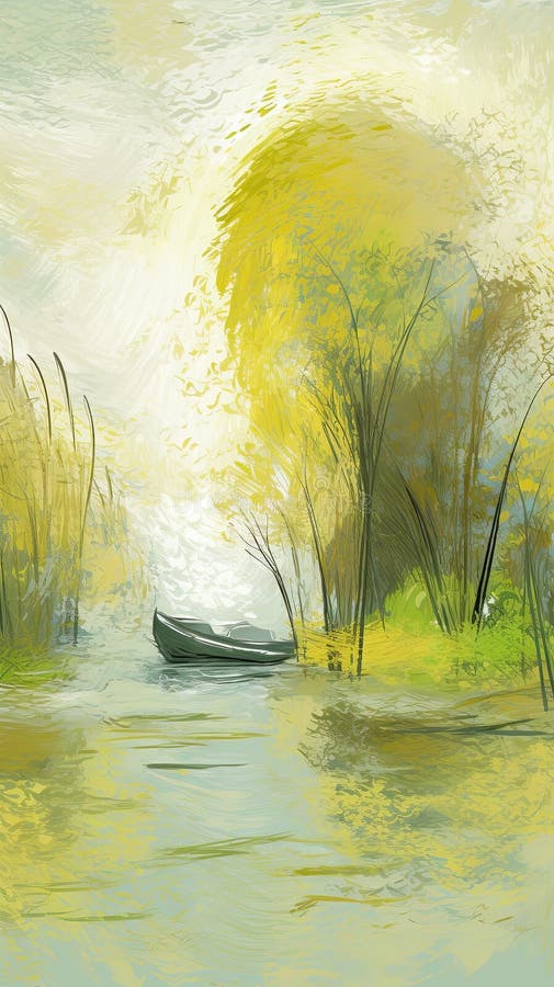Bamboo Grove and Boat in the Water. AI Generated Digital Painting Stock ...