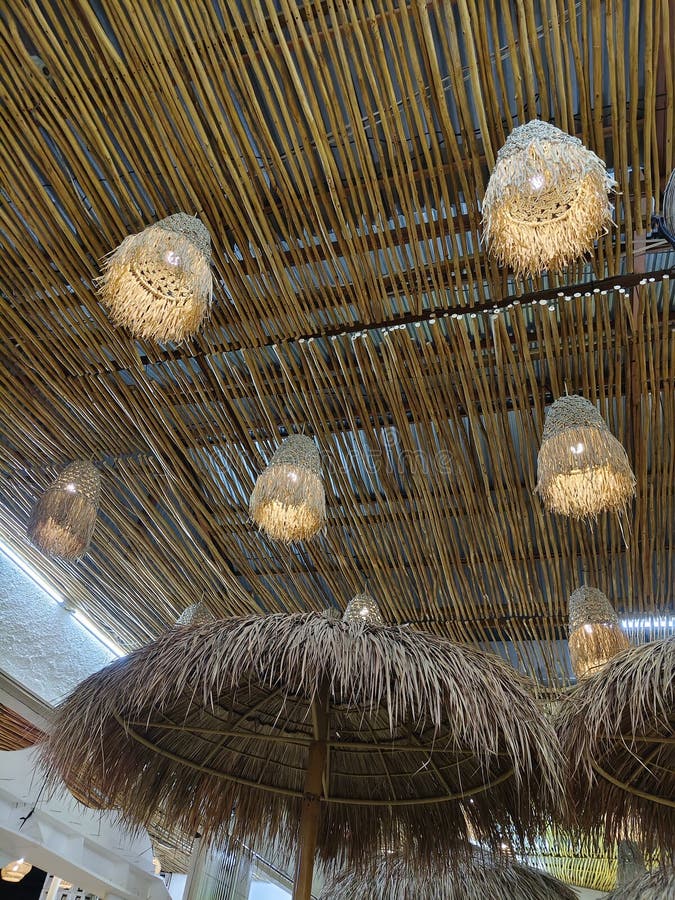 Bamboo House, with Bamboo Lamp Shade Under Bamboo Roof Ceiling Stock ...