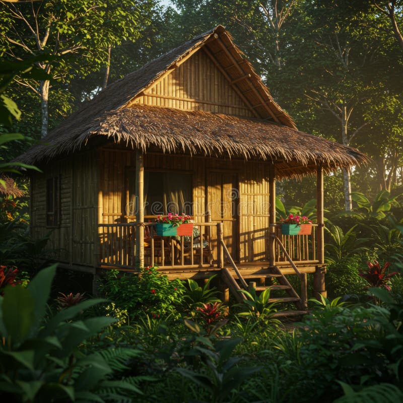 Bamboo House in Lush Tropical Forest Stock Illustration - Illustration ...