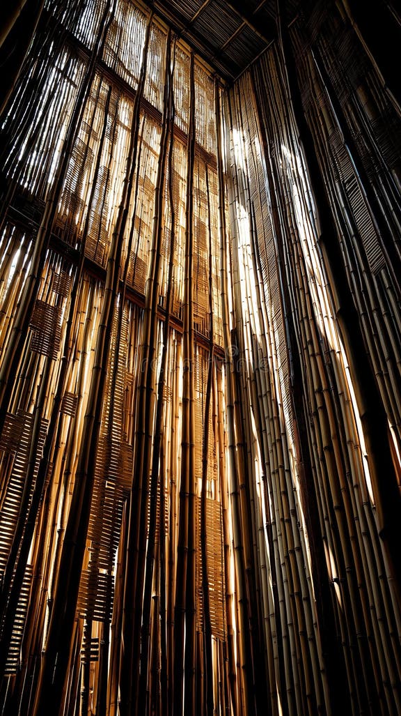 Bamboo Interior with Sunlight Filtering through the Construction. Stock ...