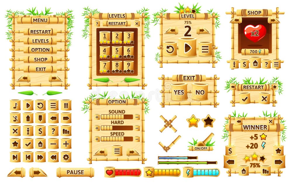 Bamboo Jungle Game Interface, Ui or Gui Buttons Stock Vector ...