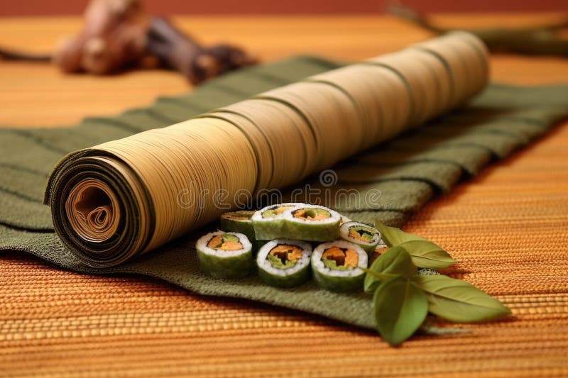 Bamboo Mat with Sushi Roll Being Rolled Tightly Stock Photo - Image of ...