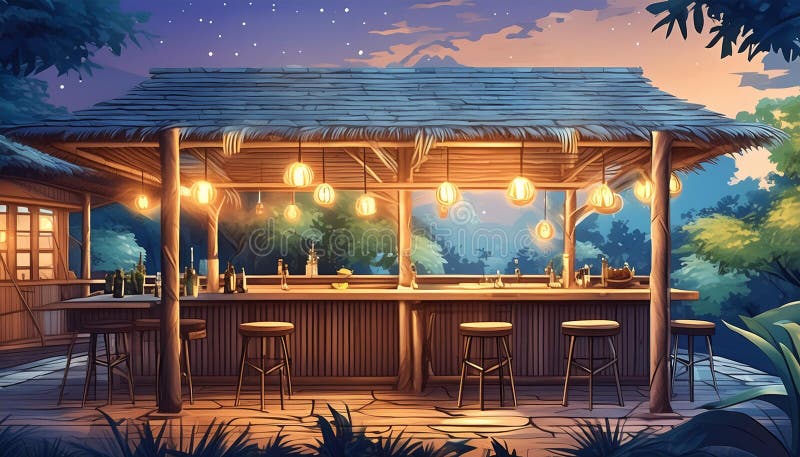 Bamboo Outdoor Bar with Lights Stock Illustration - Illustration of ...