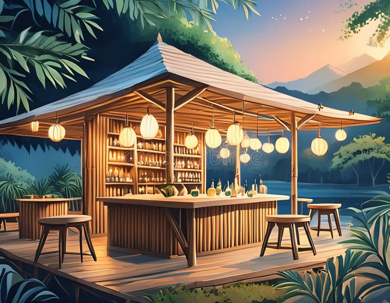 Bamboo Outdoor Bar with Lights Stock Illustration - Illustration of ...